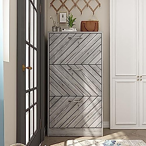 FAMAPY Modern Shoe Cabinet with 3 Flip Drawers, Freestanding Shoe Storage Cabinet, Slanted Design, Shoe Storage Organizer for Hallway Entryway Grey (22.4”W x 9.4”D x 42.3”H)