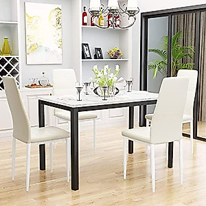 tantohom Marble Top Style Dining Table Set for 4, Metal Frame Furniture Kitchen Table and Chairs for 4, Dinette Breakfast Nook Table Set with 4 Pu Leather Chairs for Dining Room…