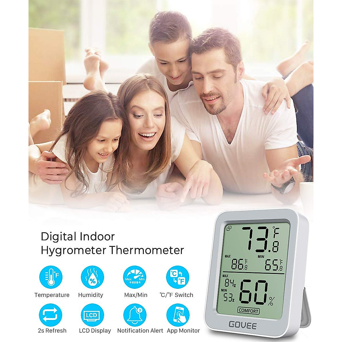Govee Bluetooth Digital Hygrometer Indoor Thermometer, Room Humidity and Temperature Sensor Gauge with Remote App Monitoring, Large LCD Display, Notification Alerts, 2 Years Data Storage Export, Grey