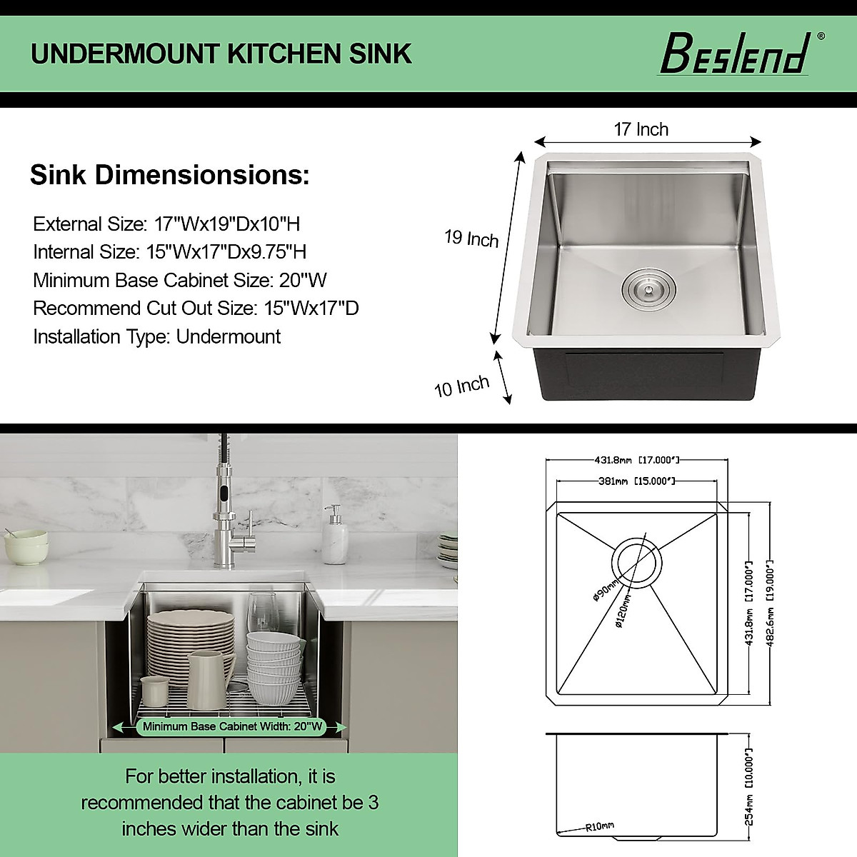 17 Undermount Kitchen Sink - Beslend 17x19 Inch Undermount Sink Ledge Workstation Kitchen Sink Stainless Steel 16 Gauge Single Bowl 10 Inch Deep Bar Prep Sink with Accessories