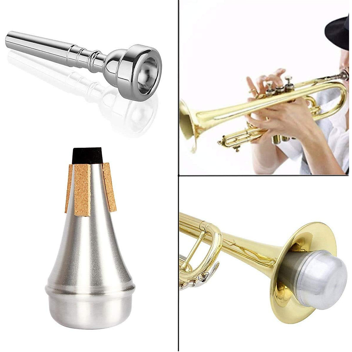 3 Pack Trumpet Mouthpiece (3C 5C 7C) with Lightweight Aluminum Practice Trumpet Mute Silencer Fit for Yamaha Bach Conn King Replacement Musical Instruments Accessories, Gold
