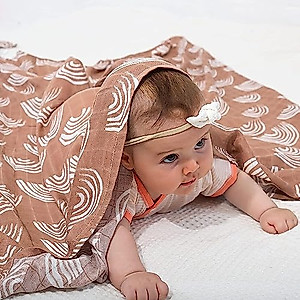BabyWhale Muslin Swaddle Blanket, Boho Brown Rainbow Pattern Swaddle and Solid Color Swaddle for Newborn Baby Boys ＆ Girls, Unisex Silky Soft Breathable Receiving Swaddle Wrap, 47x47 inches, 2 Pack