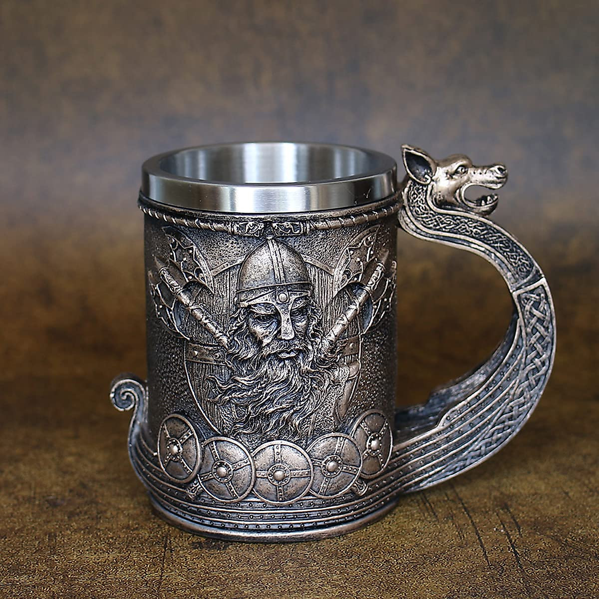 Ottalent Noric Viking Ship Draon Drakkar Beer Mug Stainless Steel Liner, Bronze Color Viking Warrior Coffee Cup Stein for Collectible Gift 17oz.