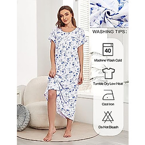 IZZY + TOBY Cotton Nightgowns for Women Soft Short Sleeve Knitted Night Gown Ladies Long Nightdress Sleepwear Blue Morning Bulls M