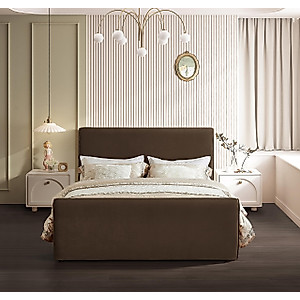 Meridian Furniture SloanBrown-F Sloan Collection Modern | Contemporary Velvet Upholstered Full Bed with Rich Soft Brown Velvet, Curved Headboard and Footboard, 59.5" W x 92" D x 45" H, Brown, Full