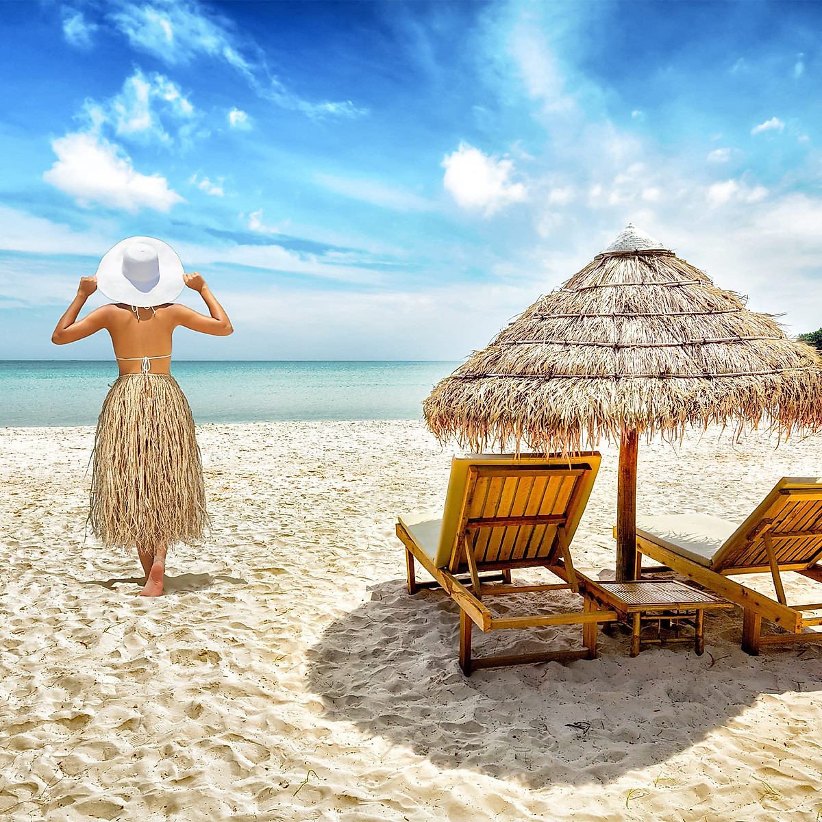 1 Pack Natural Raffia Table Skirt Luau Hawaiian Skirt Table Grass Beach Fringe Decoration for Tropical Birthday Party Tiki Bar, Chair Skirt, Deck Skirt, Luau Tropical Hawaiian Party (108 x 30 Inch)