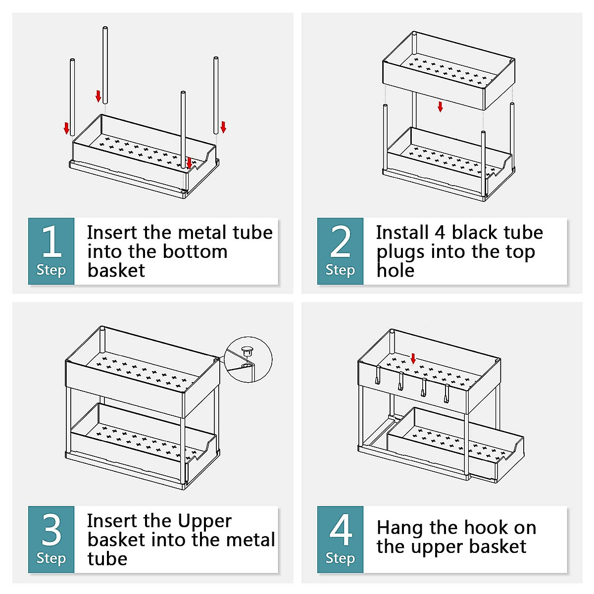 2 Pack Under Sink Organizer and Storage, 2-Tier Sliding Bathroom Organizer with Hook, Multi-Use for Kitchen/Bathroom/Laundry room Organization, Black