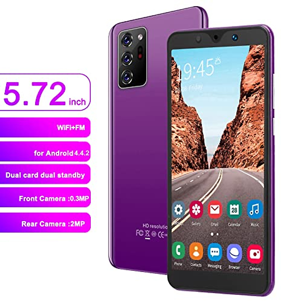 5.72in HD Full Screen Smart Phone, Note30 Plus Unlocked Smartphones, Dual Cards Dual Standby, 512MB+4GB Cell Phones, for Android 4.4.2, Support WiFi +BT+FM (Violet)