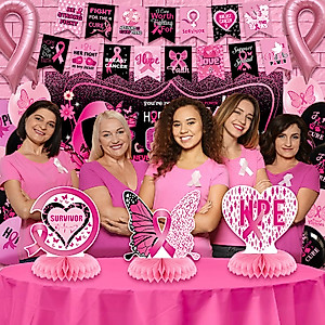 Breast Cancer Awareness Decorations,Breast Cancer Awareness Banner,Breast Cancer Awareness backdrop,Breast Cancer Awareness Balloons Honeycomb Centerpieces,Breast Cancer Awareness Supplies Decorations for Women Charity Activities