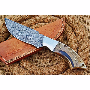 HUNTEX Handmade Hand-Forged Twist Pattern Damascus Steel 9 Inch Long Full Tang Natural Ram Horn Handle Razor Sharp Hunting Camping Boot Knife w/Genuine Leather Pouch