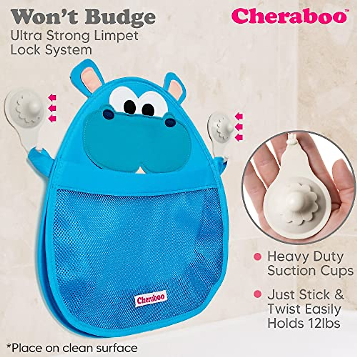 CHERABOO Bath Toy Storage Hurley Hippo Kids, Toddlers, Baby Bath Organizer | Tub, Bathtub, Bathroom Toy Holder | Quick dry net, two suction cups | Shower Caddy Mesh Basket (Blue)