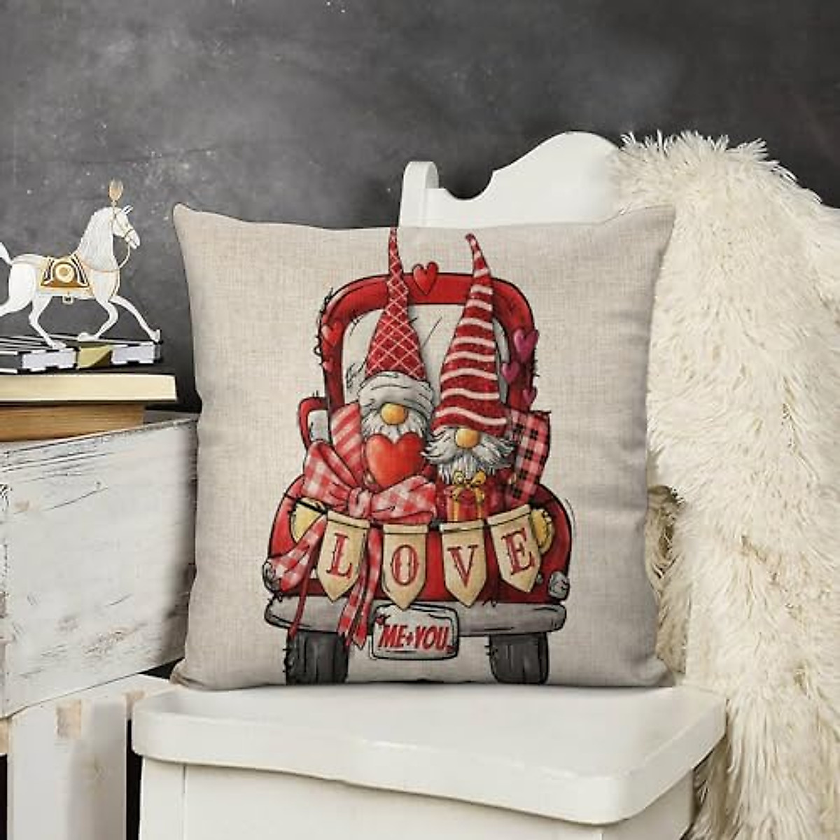 Love Gnomes Truck Throw Pillow Covers 18×18 Pillowcases Set of 2 Valentine's Day Cute Linen Decorative Square Pillow Case Cushion Covers Standard Size for Sofa Couch Outdoor Bed Pillow Protectors