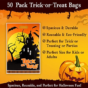 Srenta Halloween Bags for Trick or Treat Bulk, 50 Pieces Halloween Bags Bulk, 11 x 17 Inches Trick or Treat Bags Bulk, Halloween Plastic Bags for Candy, Goody, Gift, Treat Party Favor Supplies