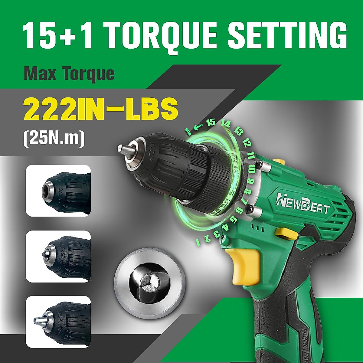 NEWBEAT Cordless Drill Set, 12V Power Drill Driver with 1 Battery and Charger, 3/8" Keyless Chuck, 2 Variable Speed, 15+1 Torque Setting Electric Drill, Drill Driver Kit for Home and DIY Project