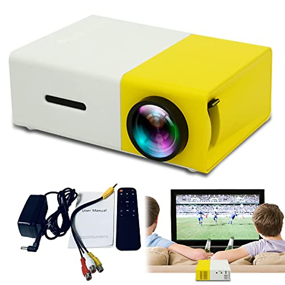 LED Home HD Mini Portable Micro Projector Projector, Mini Projector, New YG300 Portable Projector Full HD1080P Multi Interface Home Entertainment TV Movie Projector with HDMI/USB Kids Gifts (Yellow)
