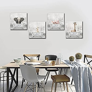 oulawote Animal Wall Art Canvas Print Funny Giraffe Elephant Painting Picture for Bathroom Living Room Decorations (Overall Size: 12''x12''x4pcs)