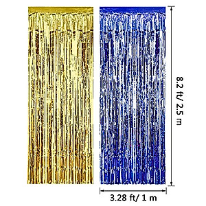 Sumind 4 Pack Foil Curtains Metallic Fringe Curtains Shimmer Curtain for Birthday Wedding Party Christmas Decorations (Blue and Gold)