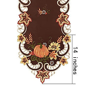 Simhomsen Brown Embroidered Thanksgiving Harvest Pumpkins Table Runners for Autumn Or Fall Decorations (14 × 69 Inches)