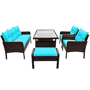 GODAFA 6-Piece Outdoor Patio Furnitures Set, PE Rattan Sofa with Removable Tempered Glass Tea Table for Backyard, Poolside, Deck, Blue, Brown Wicker,Light Coffee Cushion
