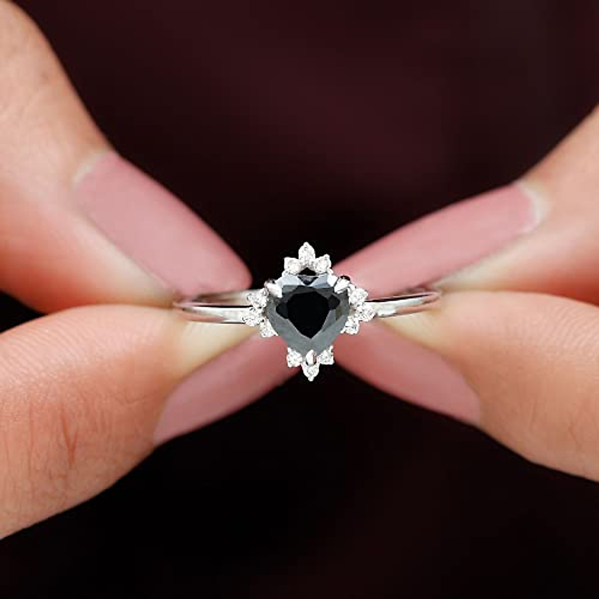 Certified Heart Shape Black Onyx Promise Ring with Diamond | AAA Quality | 6 MM Black Onyx | December Birthstone Ring, 14K White Gold, Size:US 6.00
