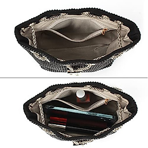 Hyuyikuwol Women Rhinestones Crystal Clutch Drawstring Bucket Bag Mini Evening Bags Crossbody Purses Pearl Pendant Party Prom Wedding Small Shoulder, Black