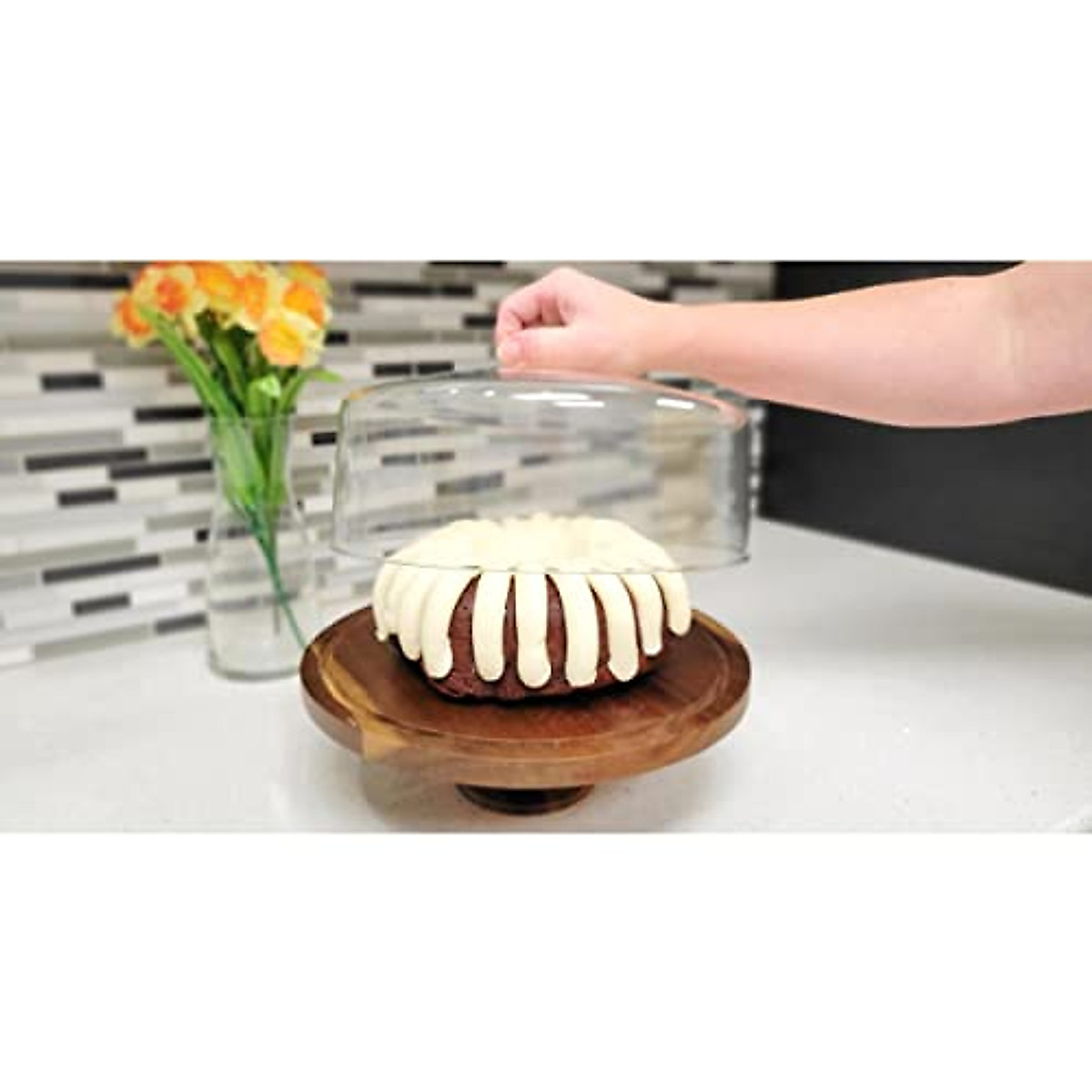 JOEY'Z Large Cake Stand with Glass Dome Cover Lid 11.5" Acaciawood Pedestal Stand Round Wood Server / Cake Holder / Wood Cake Stand with Dome