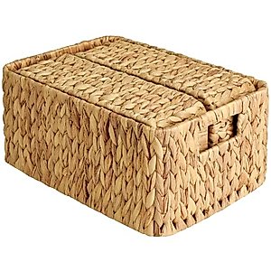 StorageWorks Water Hyacinth Storage Baskets, Square Wicker Baskets with Built-in Handles, Hand-Woven Baskets for Bedroom, Bathroom, Pantry, Shelves, Set of 3 (1PC Large, 2PCS Medium)