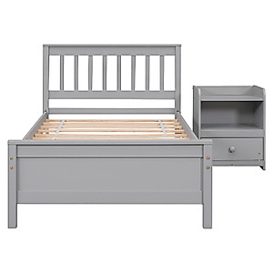 CITYLIGHT Twin Size Platform Bed with a Nightstand, Wooden Twin Bed Frame with Headboard and Footboard for Kids, Teens, Adults, No Box Spring Required (Twin, Gray)