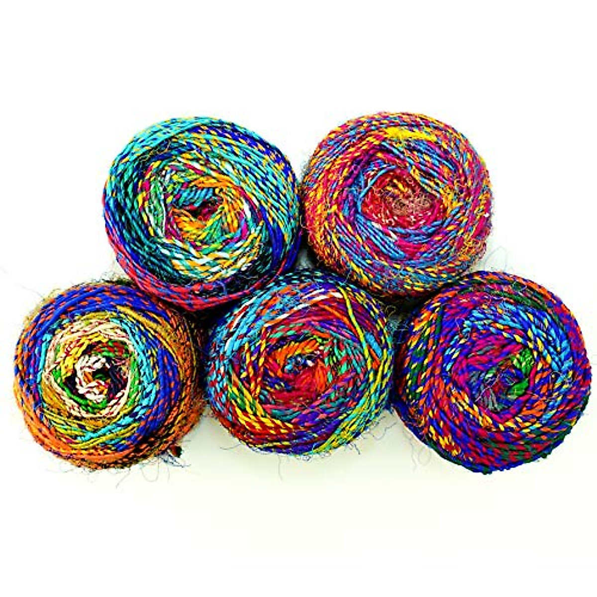 Revolution Fibers Recycled Sari Silk Yarn, Multi-Color Pure Silk Yarn, Made from Handspun Used Sari Fabric Ribbon Scraps, Rainbow Yarn for Knitting, Weaving & Crocheting 100 Grams per Ball (1-Ball)