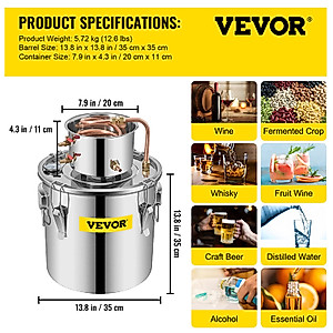 VEVOR Alcohol Still 9.6Gal/38L Alcohol Distiller Stainless Steel Distillery Kit for Alcohol with Copper Tube & Pump Home Brewing Kit Build-in Thermometer for DIY Whisky Wine Brandy