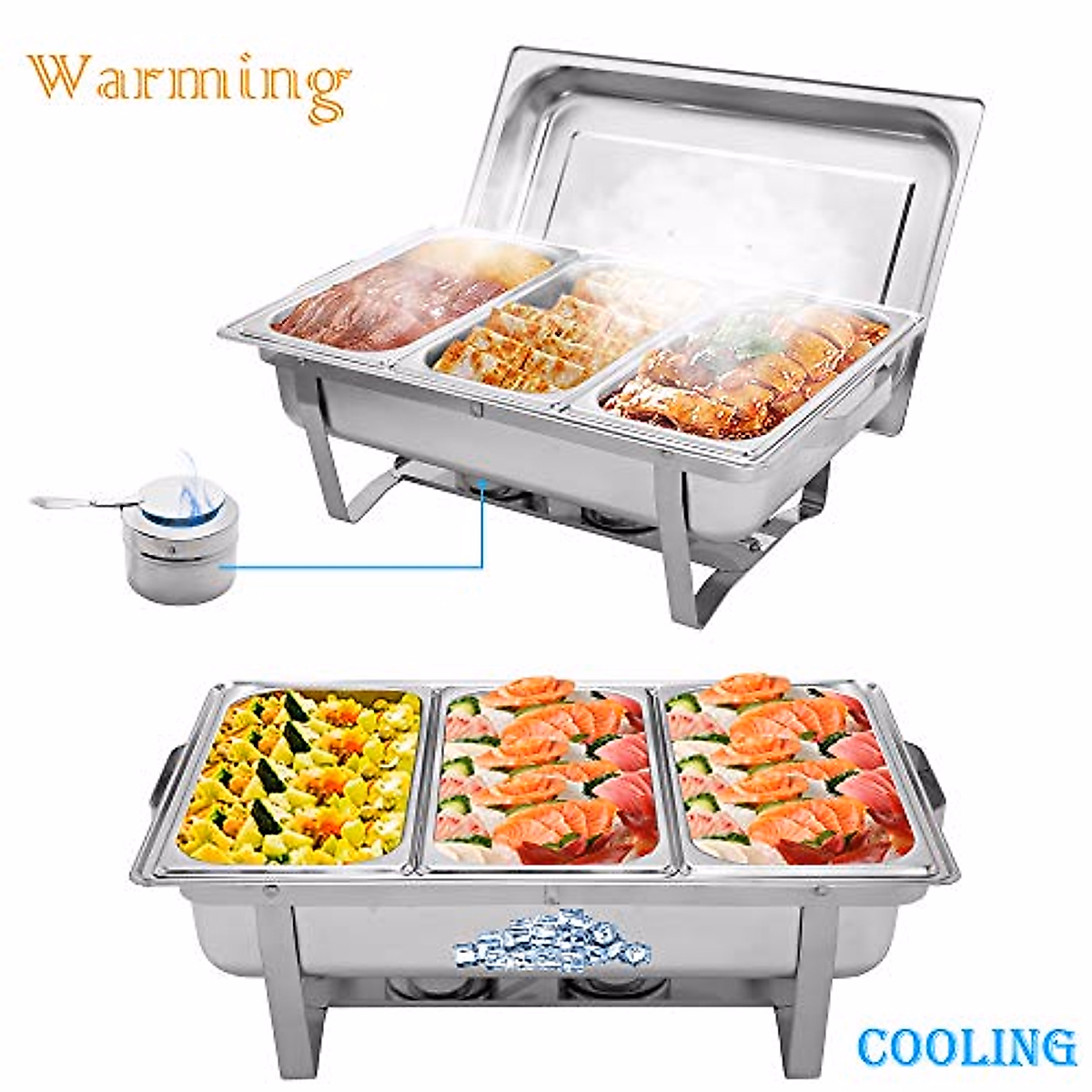 ROVSUN 8 Quart Chafing Dish Buffet Set, Stainless Steel Catering Serve Chafer, Restaurant Food Warmer, Rectangular Buffet Stove with 3 1/3 Size Food Pans and Foldable Frame for Party (1 Pack)