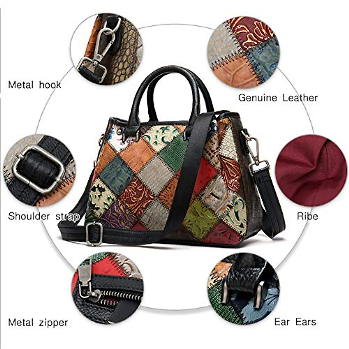 Segater Women Multicolor Splicing Handbag Genuine Leather Tote RANDOM Colorful Top-handle Shoulder Bag Printing Satchels Purses