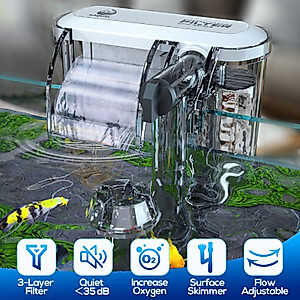 LAQUAL Aquarium Filter with Surface Skimmer, 10 Gallon Small Fish Tank Filter, 3-Layer Filtration, Adjustable Water Flow, Waterfall Design for Increasing Oxygen, Quiet & Efficient Hang on Back Filter