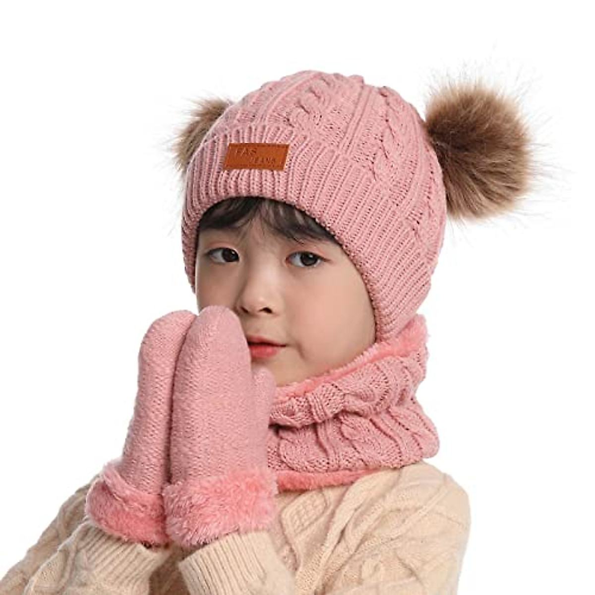 Duoyeree Baby Winter Hat Warm Scarf Gloves Set Pom Knitted Beanie Mitten Scarves for Toddler Girl Boy Pink