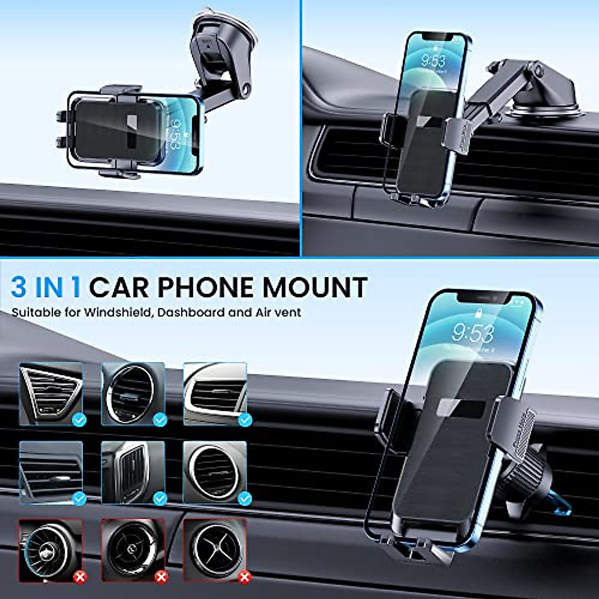 Phone Mount for Car Phone Mount [Military-Grade Super Suction] Phone Holder Car Mount for iPhone Automobile Cell Phone Accessories For Dashboard Windshield Air Vent Fit All iPhone Android Smartphones