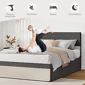 coucheta Queen Size Bed Frame with 2 Storage Drawers and Upholstered Headboard, Mattress Foundation with Steel Slats Support, No Box Spring Needed, No Noise, Gray