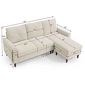 Cotoala 80" L-Shape Chenille Convertible Couch w/Pocket & Rubber Wood Legs, 3 Seat Sofa with Removable Ottoman and Cushions, Perfect for Living Room, Aapartment, Small Space, Beige