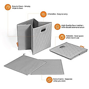 JIAessentials 11 inch Gray Foldable Diamond Patterned Faux Leather Storage Cube Bins Set of Two with Handles for living room, bedroom and office storage