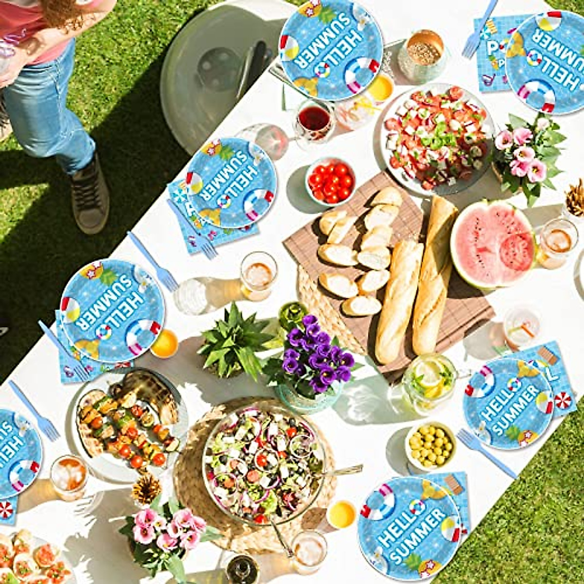 96 Pieces Pool Party Tableware Set for Summer Beach Table Decorations Supplies Beach Ball Birthday Dessert Plates Summer Pool Party Napkins Forks for 24 Guests Hawaiian Pool Birthday Party Favors