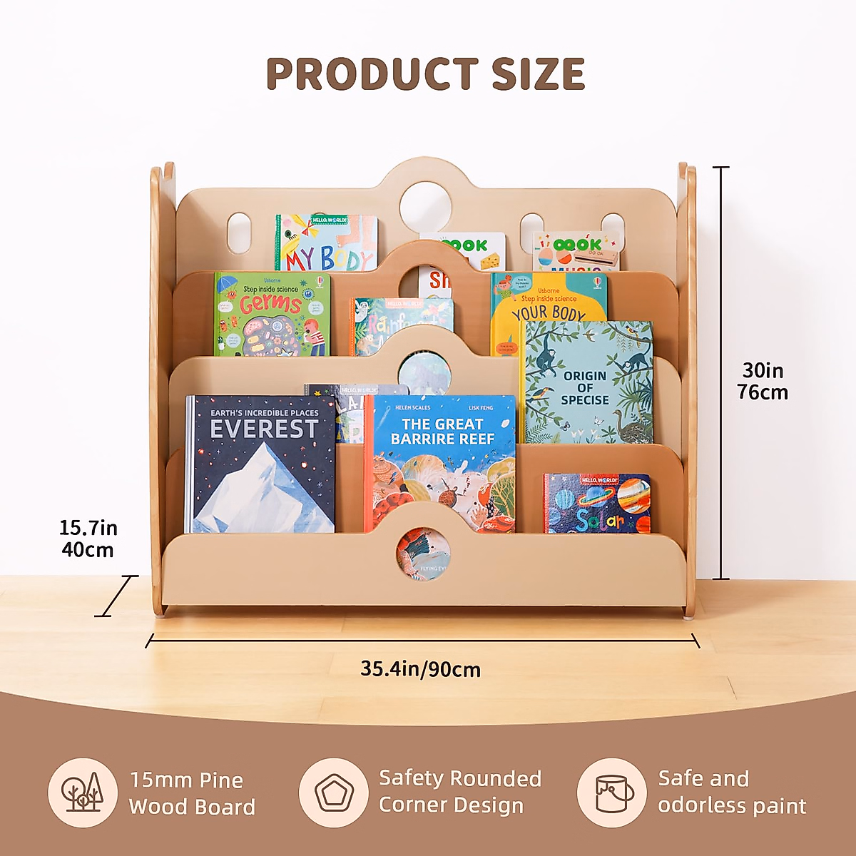 OOOK Solid Wood Pine Montessori Bookshelf, 4 Tier Nursery Book Shelves, Kids Bookshelf for Classroom, Durable Book Shelf for Kids Rooms, Perfect for Playroom, Bedroom, Study Living Room, Nursery