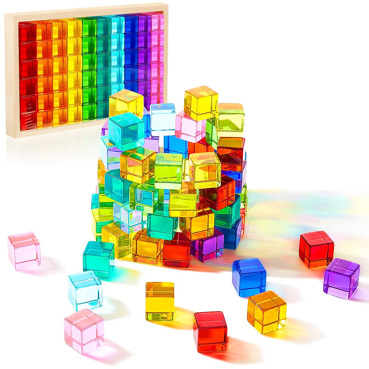 Meooeck 60 Pcs Acrylic Gem Cubes Blocks Translucent Rainbow Building Cubes Crystal Acrylic Cubes Educational Sensory Training Crystal Toys with Wooden Storage Boxes for Play