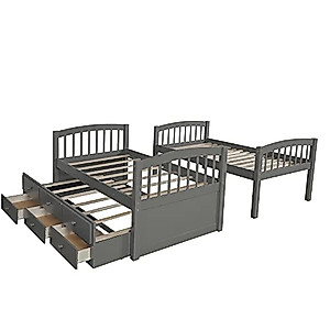 Harper & Bright Designs Twin Over Twin Bunk Bed with Trundle and Storage, Solid Wood Bunk Bed Frame with 3 Drawers for Kids, Teens, Adults (Gray)