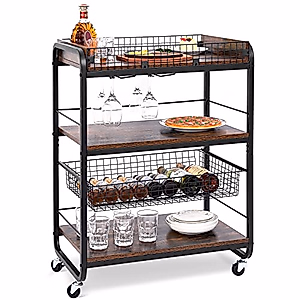 YITAHOME Bar Carts for The Home, Industrial Bar Cart with Movable Basket, Serving Cart on Wheels with 3-Tier Storage Shelves, Kitchen Cart with Glass Holder for Dining Room, Bar, Rustic Brown