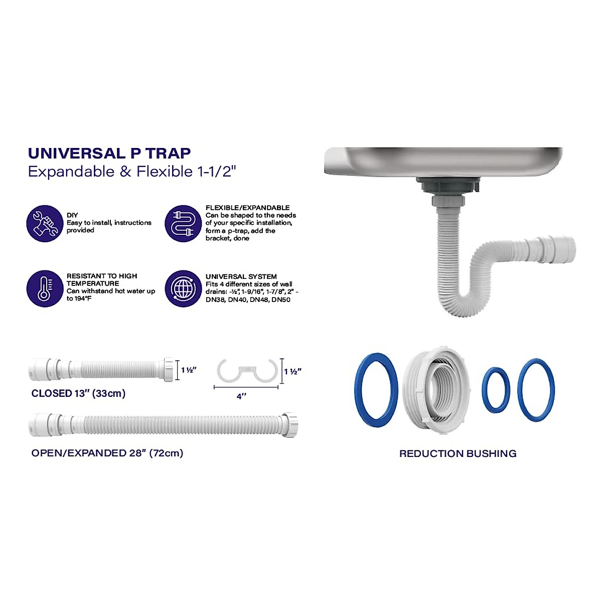 EasyDrain Universal P Trap - Expandable & Flexible ONE Side is a 1-1/2" NUT and The Drain Side is A Straight Drain Tube in 4 Common Sizes