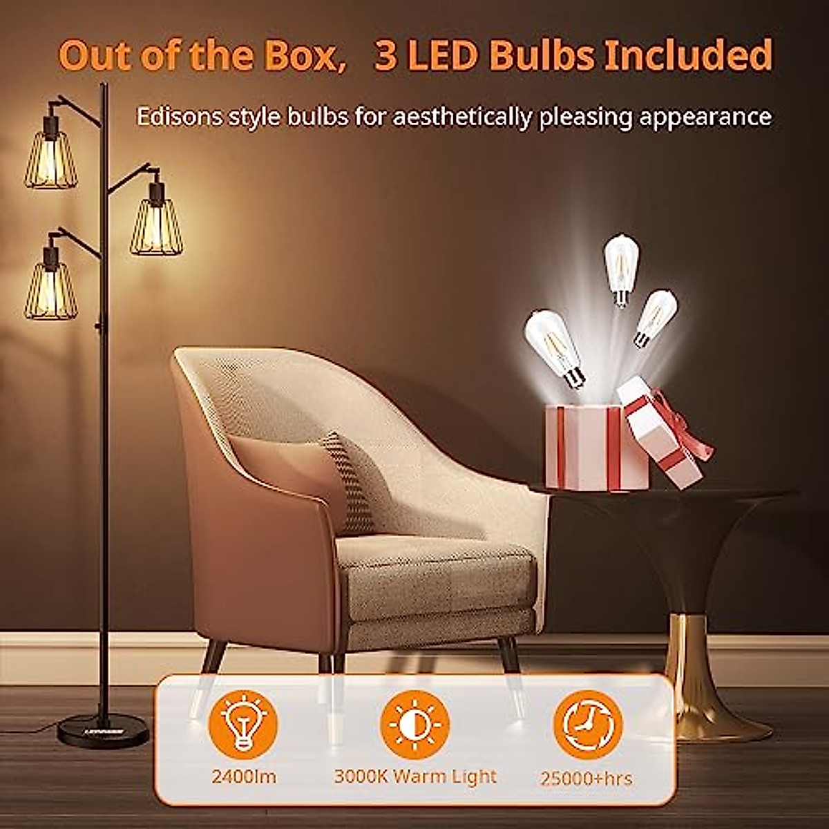 LEPOWER Tree Floor Lamp, Industrial Floor Lamps for Living Room with Multi Head, Dimmable Floor Lamp, LED Standing lamp Edison Bulbs, Pole Tall Lamp for Bedroom Office Black