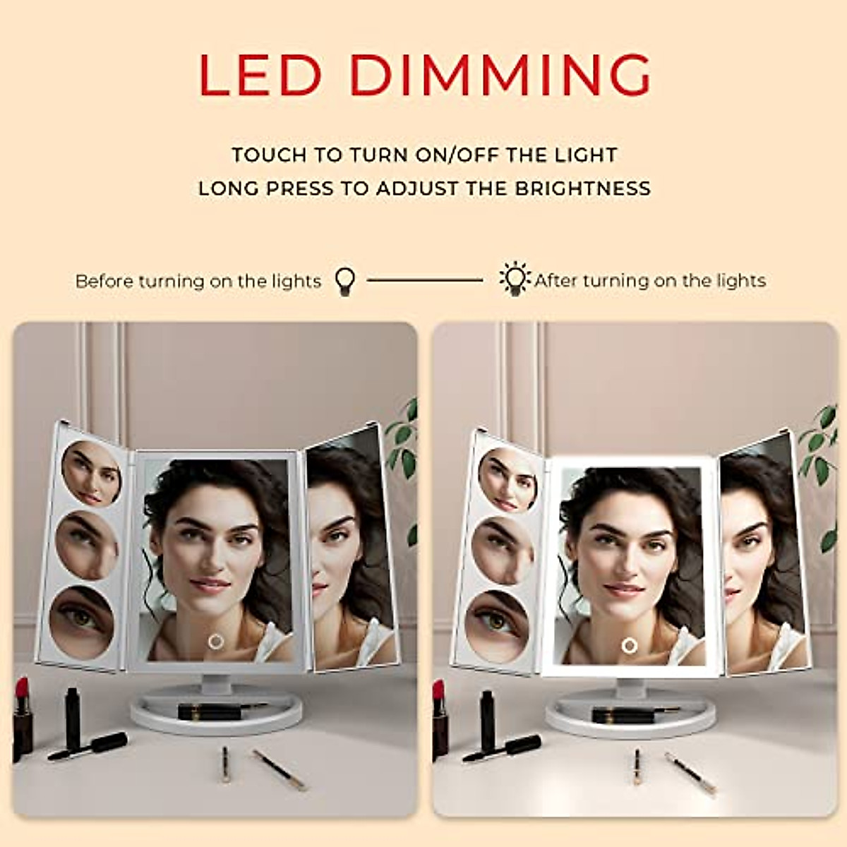 ZL ZELing LED Makeup Mirror with Lights, Trifold Vanity Mirror with 3X/5X/10X Magnification, Smart Touch Control, Dual Power Supply, Portable Cosmetic Mirror,Gift for Women