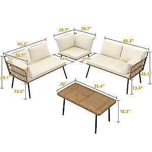 DWVO Patio Furniture Set, 4 Pieces Outdoor Patio Conversation Set, All-Weather PE Rattan Sectional L-Shaped Sofa with Soft Cushion and Side Table for Backyard, Porch, Boho Detachable Lounger (Beige)