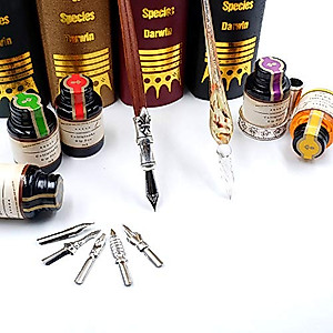 GC QUILL MU-02 Calligraphy Pen Set, Glass Dip Pen and Handcrafted Wooden Dip Pen Gift Set with 5 Colors Calligraphy Ink 6 Nibs 1 Pen Holder, Calligraphy Set for Beginners