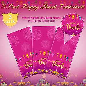 3 Pack Happy Diwali Disposable Tablecloth, Festival of Lights Plastic Table Cover for Rectangle Tables, Diwali Table Cloth for Indian Diwali Light Celebration Party Supplies Decorations, 54×108 Inch