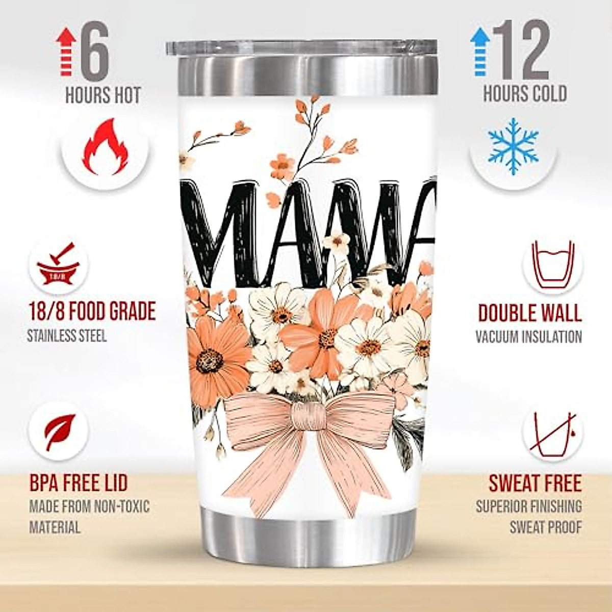 FOCIUZTA 20oz MAMA Floral Ribbon Tumbler with lid, Travel Coffee Cup, Ideal for Easter, Mother Day, and birthday gifts